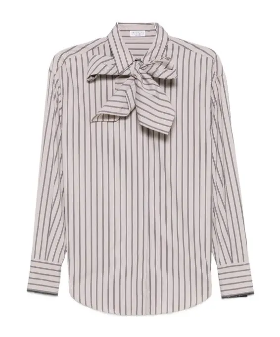 Brunello Cucinelli Striped Shirt With Tie Detail - Beige