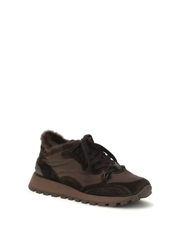 Brunello Cucinelli Suede And Techno Fabric Sneakers With Shearling Lining And Monile