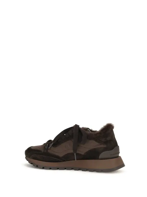 Brunello Cucinelli Suede And Techno Fabric Sneakers With Shearling Lining And Monile