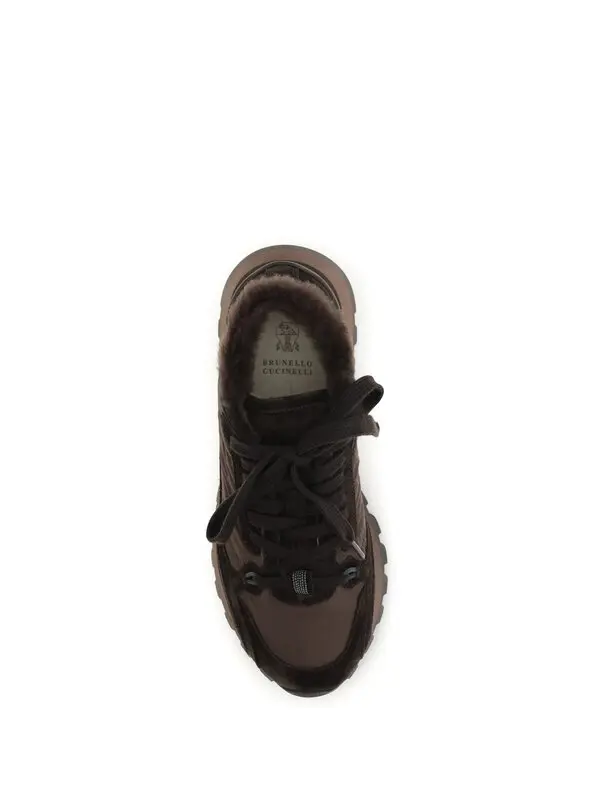 Brunello Cucinelli Suede And Techno Fabric Sneakers With Shearling Lining And Monile