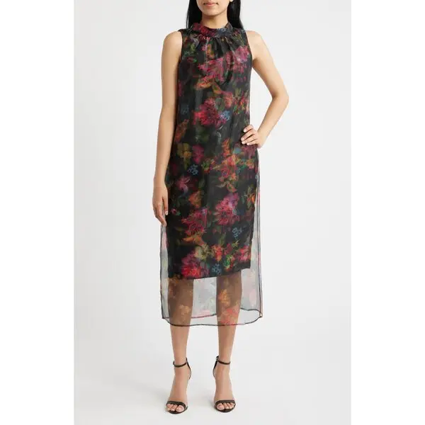 Vince Camuto Floral Print Organza Overlay Midi Dress - Blck Multi