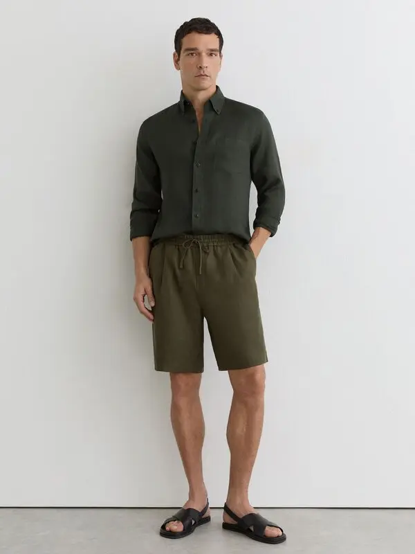 REISS Short Barges Short Linen Drawstring Shorts - Thyme Green