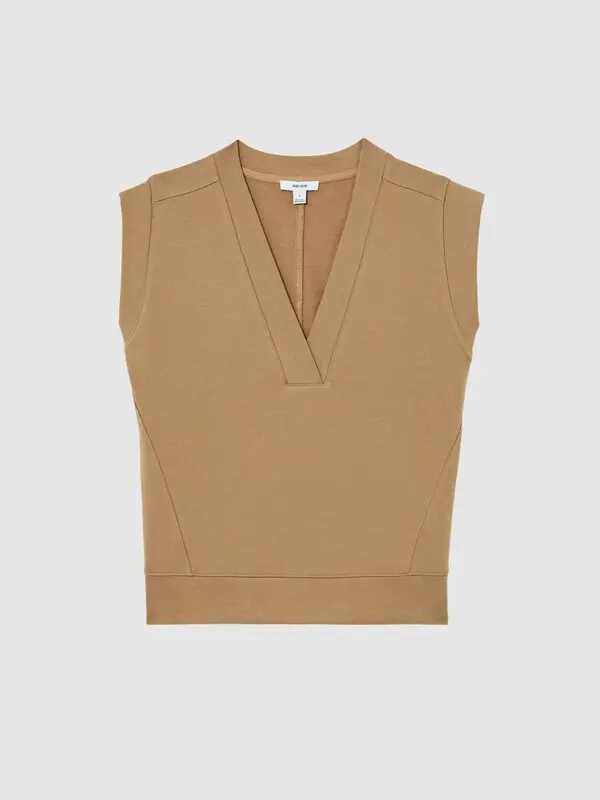 REISS Willa Sleeveless V-neck Sweat Top - Tan Neutral