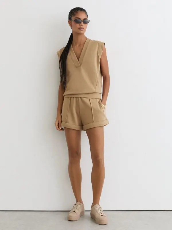 REISS Willa Sleeveless V-neck Sweat Top - Tan Neutral