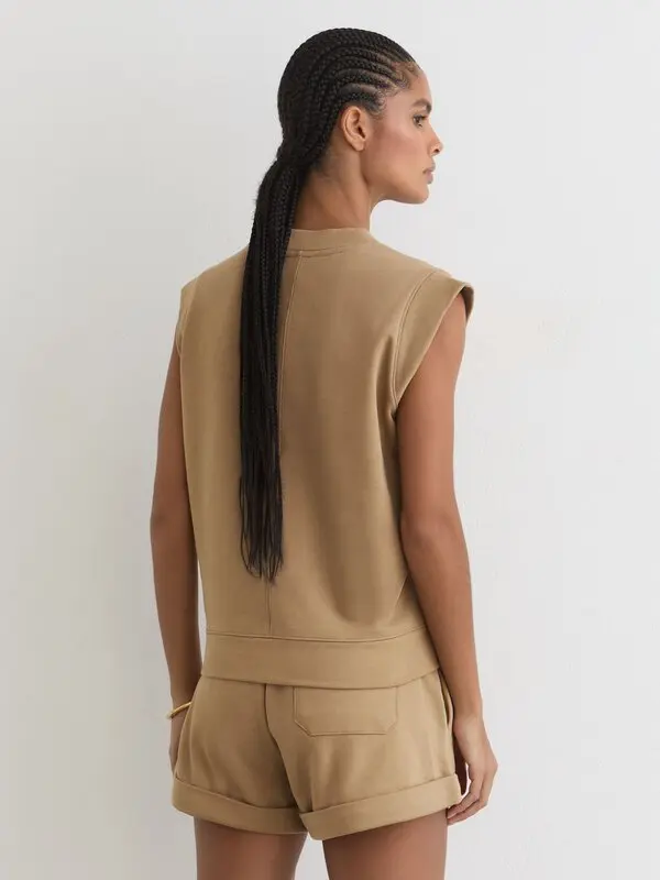 REISS Willa Sleeveless V-neck Sweat Top - Tan Neutral