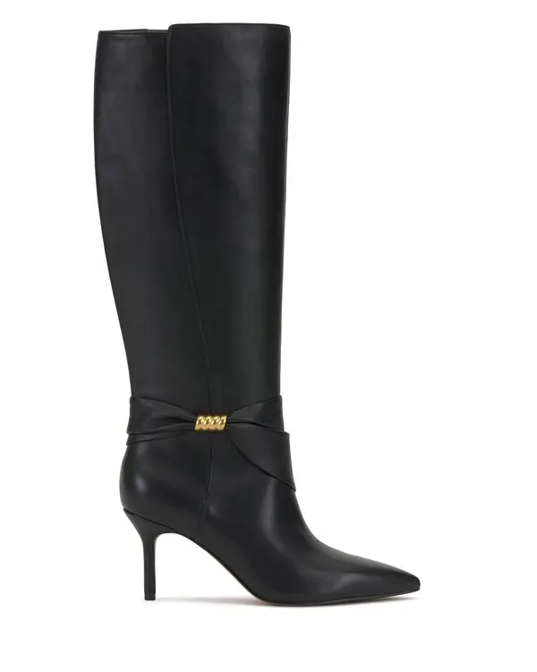 Vince Camuto Meezo Knee High Stiletto Boots With Hardware Accent - Black Leather