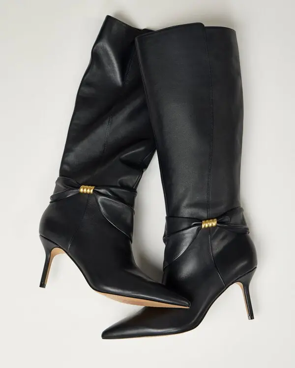 Vince Camuto Meezo Knee High Stiletto Boots With Hardware Accent - Black Leather