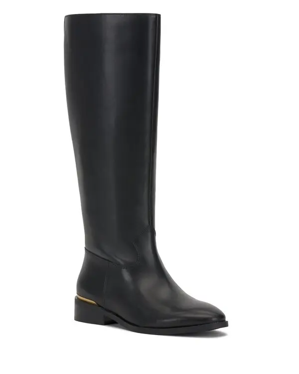 Vince Camuto Bercla Knee High Riding Boot With Gold Tone Accent - Black Leather
