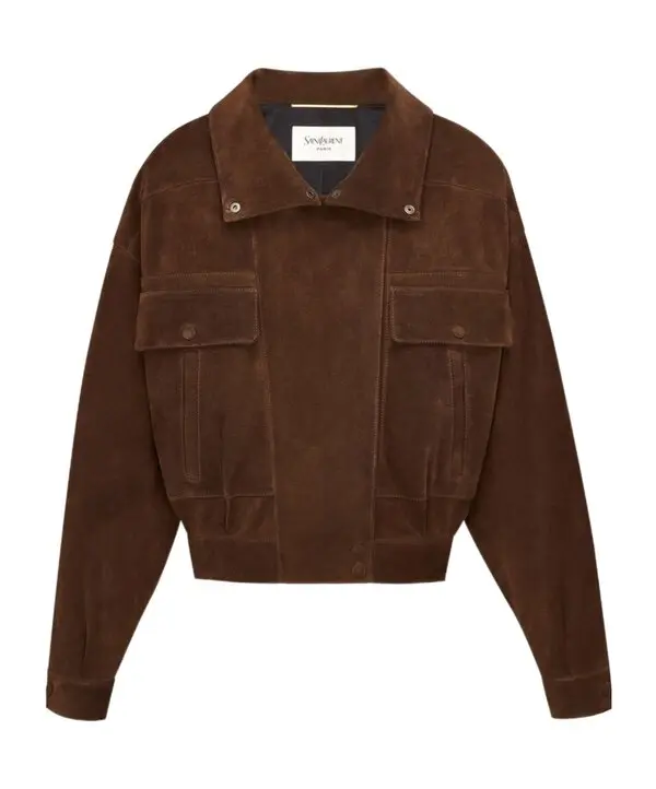 Saint Laurent Zip-up Short Jacket With Stand Collar - Brown