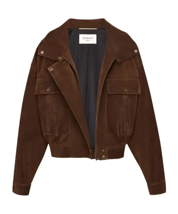 Saint Laurent Zip-up Short Jacket With Stand Collar - Brown