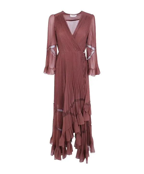 TWINSET Pleated Maxi Dress With Asymmetrical Hem - Red
