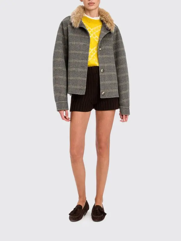 TWINSET Wool Blend Plaid Coat With Faux Fur Collar
