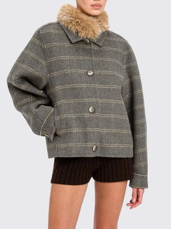 TWINSET Wool Blend Plaid Coat With Faux Fur Collar