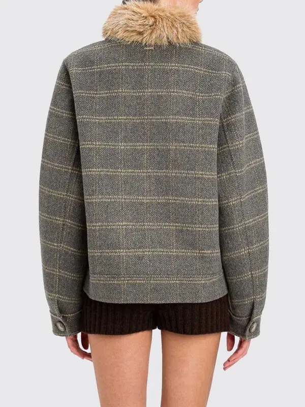 TWINSET Wool Blend Plaid Coat With Faux Fur Collar