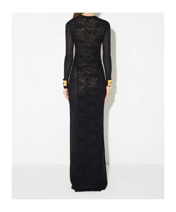 Elisabetta Franchi Long-sleeved Lace And Mesh Maxi Dress With Jeweled V-neck
