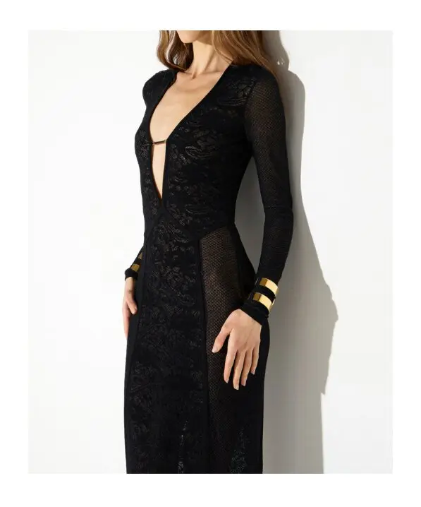 Elisabetta Franchi Long-sleeved Lace And Mesh Maxi Dress With Jeweled V-neck
