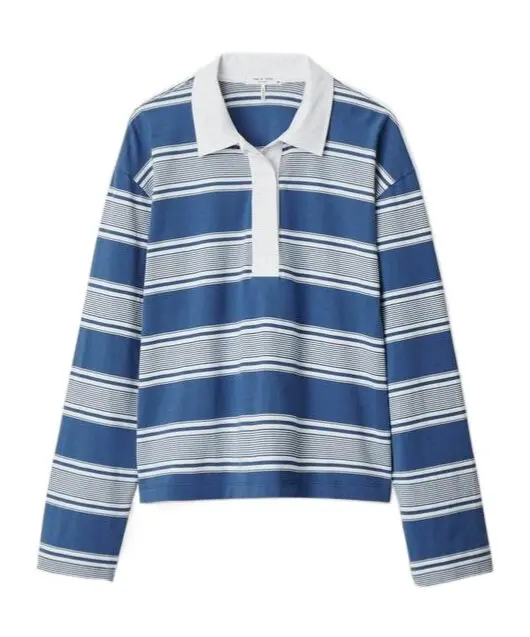 Rag & Bone Striped Long Sleeve Polo Top - Multicolor Blue