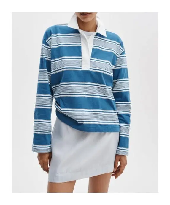 Rag & Bone Striped Long Sleeve Polo Top - Multicolor Blue