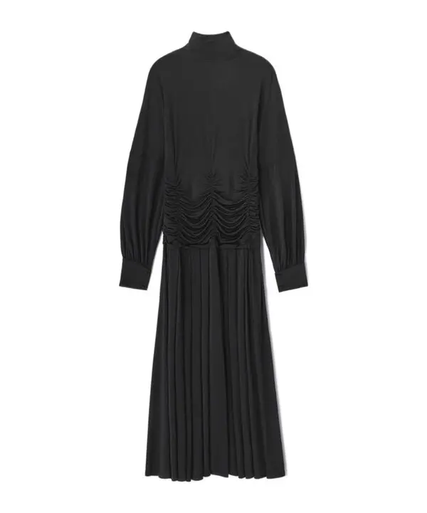 GANNI Long Sleeve Ruched High Neck Maxi Dress - Black