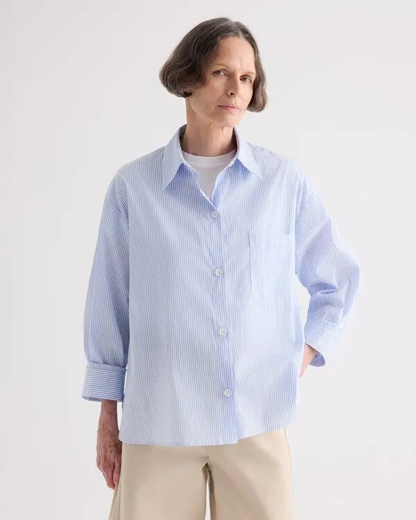 TWP Newest Earl Shirt In Mini Banker Stripe - White / Blue