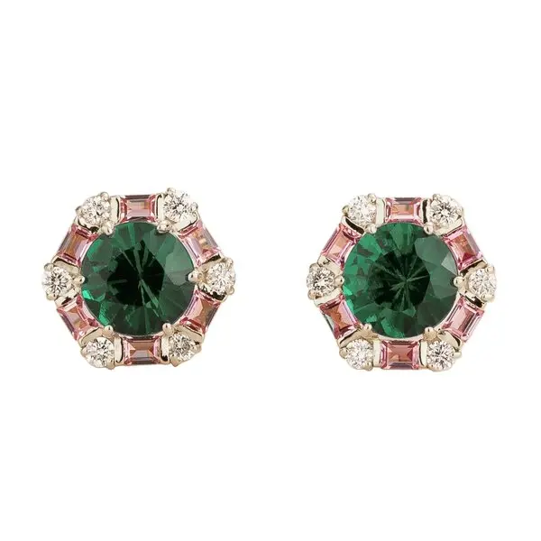 JUVETTI  Melba Emerald, Pink Sapphire & Diamond Halo Hexagon Stud Earrings In White Gold - Green