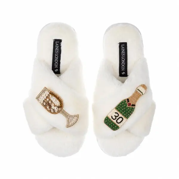 LAINES LONDON Neutrals / Classic Laines Slippers With Champagne & Glass 30th Birthday Brooches Cream - White