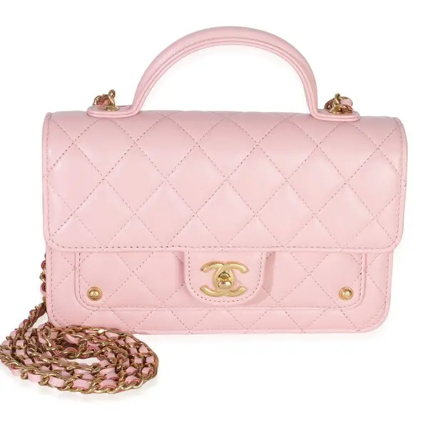 Chanel Quilted Lambskin Wallet On Chain With Top Handle - Pink