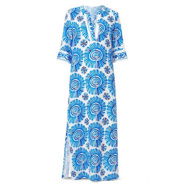 CASA ATELIER BY FERDINANDO FUSCO Bali Print Linen V-neck Caftan