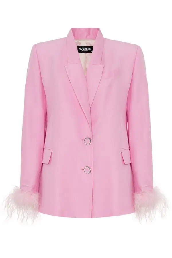 NOCTURNE Double Breasted Blazer With Feather Cuffs