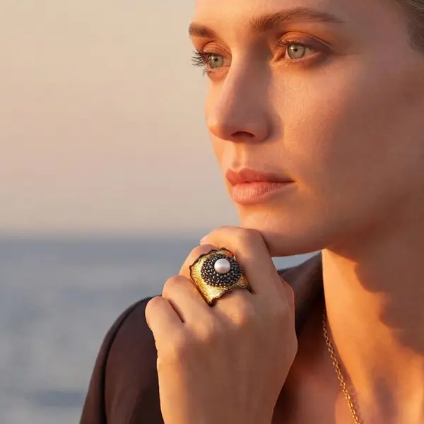 NOWART JEWELRY 18k Plated Sterling Silver Pearl And Hematite Ring
