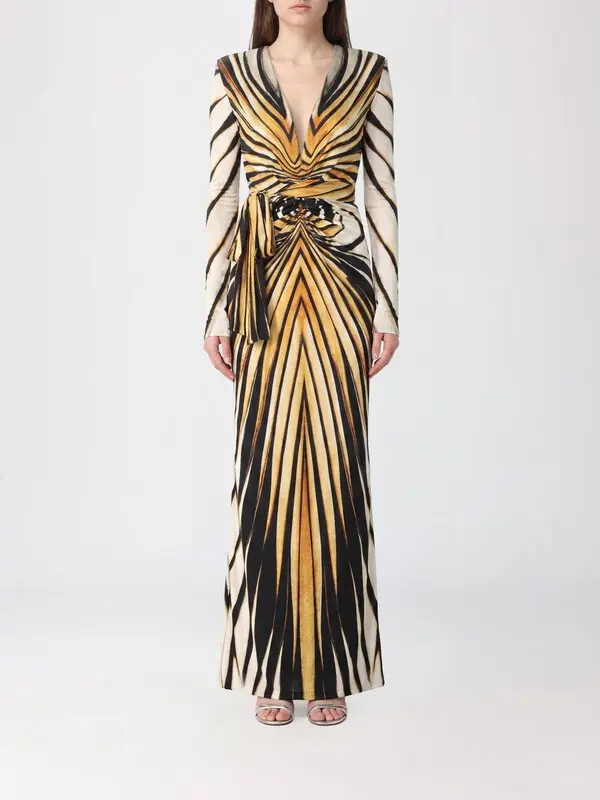 Roberto Cavalli Slim Fit Abstract Print Long-sleeved Gown - Yellow