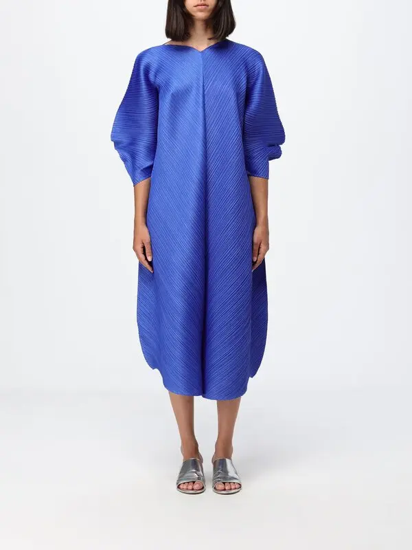 Issey Miyake Pleated Crêpe Midi Dress With Balloon Sleeves - Gnawed Blue
