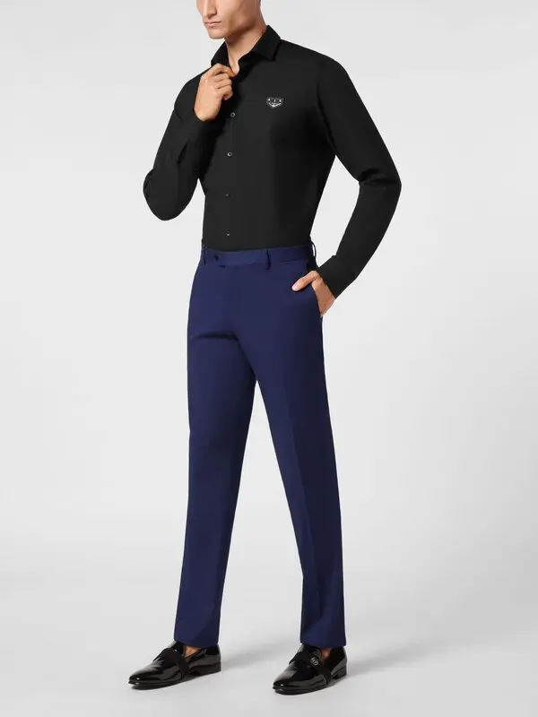 Philipp Plein Slim Fit Stretch Cotton Tailored Trousers With Rear Logo - Blue