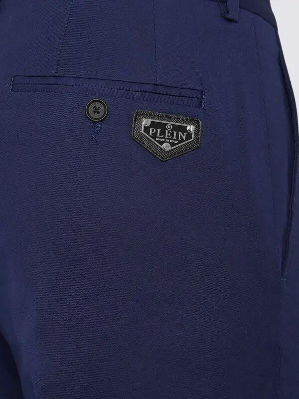 Philipp Plein Slim Fit Stretch Cotton Tailored Trousers With Rear Logo - Blue