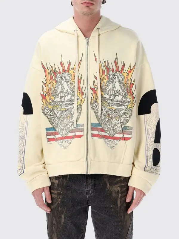 WHO DECIDES WAR Graphic Print Zipped Cotton Hoodie With Relaxed Fit - White