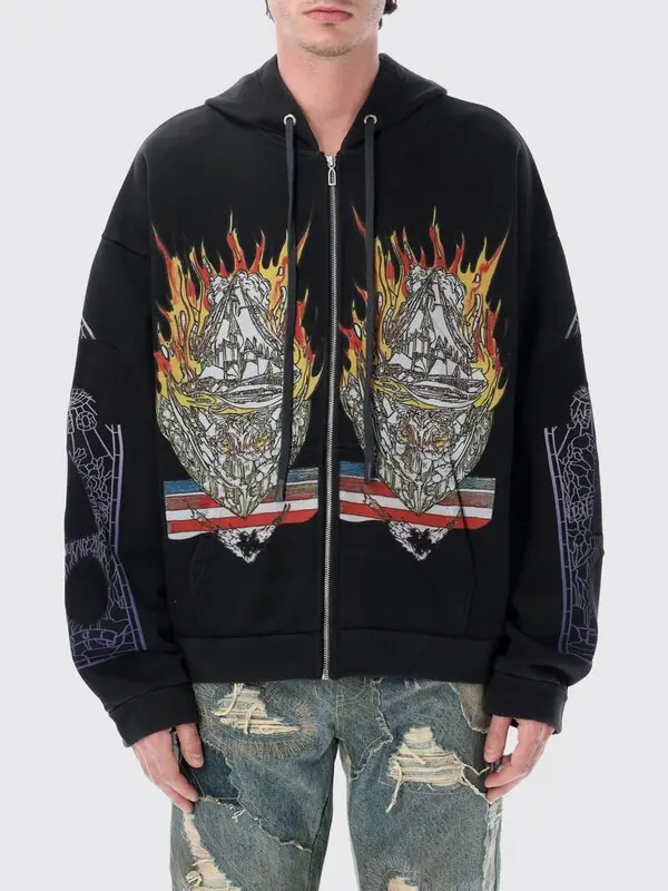 WHO DECIDES WAR Printed Cotton Jersey Zipped Hoodie With Relaxed Fit - Black