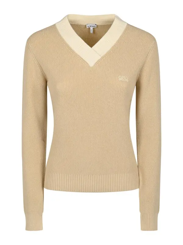 Loewe Long-sleeved V-neck Sweater - Beige/white