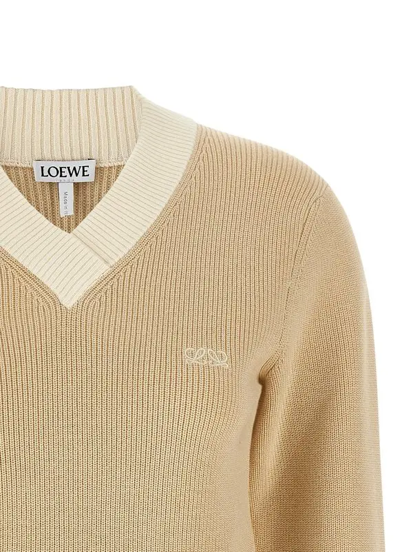 Loewe Long-sleeved V-neck Sweater - Beige/white