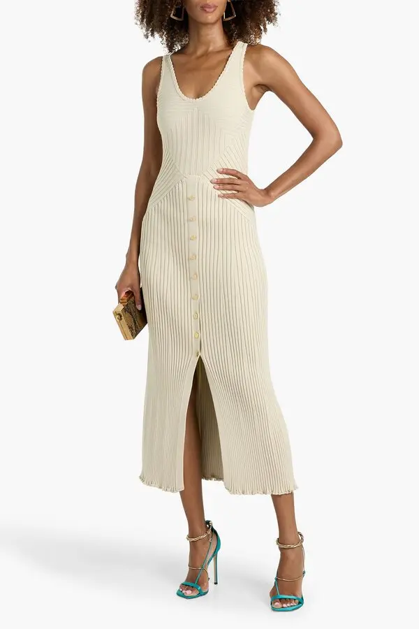 Rabanne Ribbed Knit Midi Dress With Button Embellishments