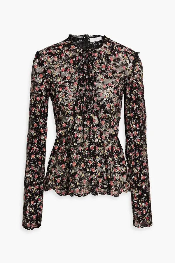 Rabanne Pintucked Floralprint Lace Top - Black