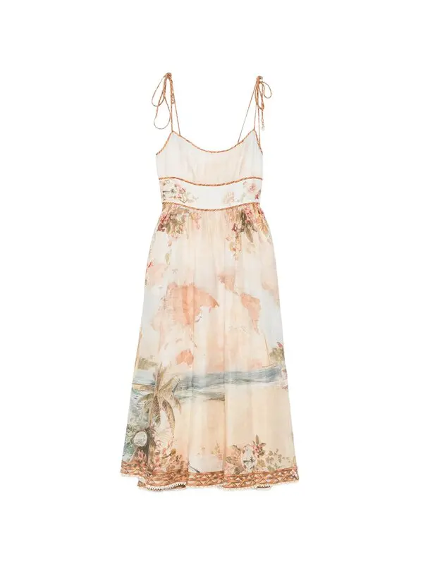 Zimmermann Fitted Midi Dress With Knotted Straps And Gathered Skirt - Beige