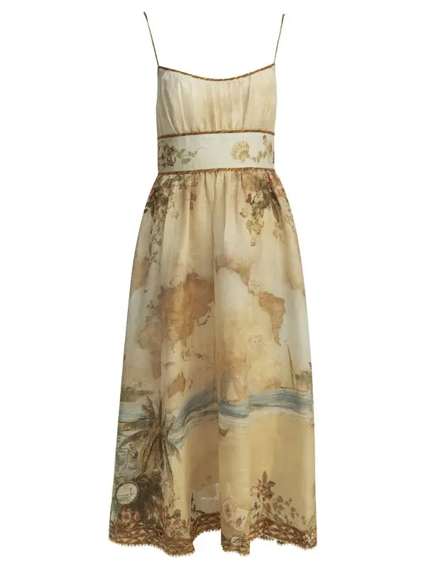 Zimmermann Fitted Midi Dress With Knotted Straps And Gathered Skirt - Beige