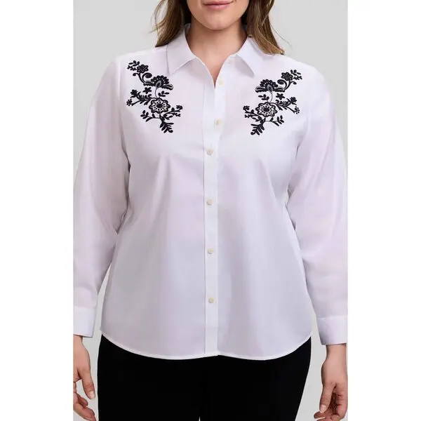 Foxcroft Hampton Floral Embroidered Cotton Blend Button-up Shirt - White/black