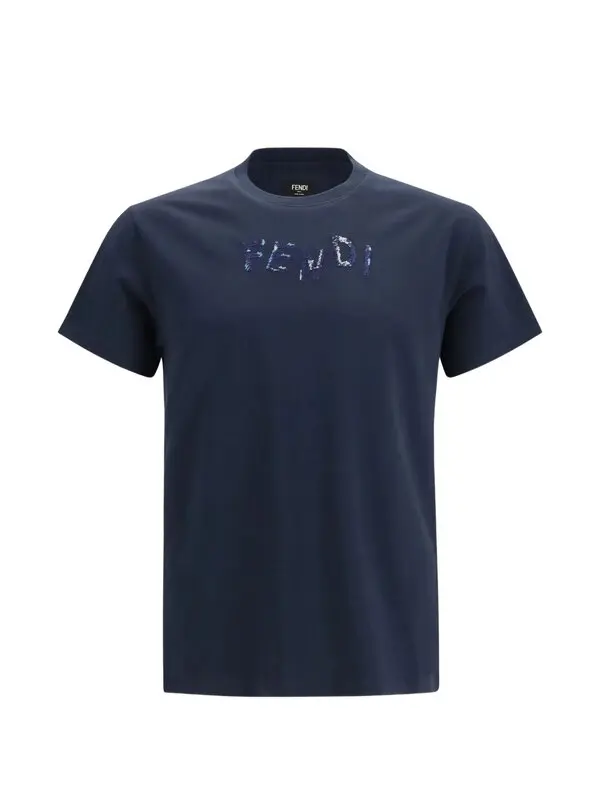 Fendi S Tonal Embroidered Crew Neck 100% Cotton T-shirt - Navy