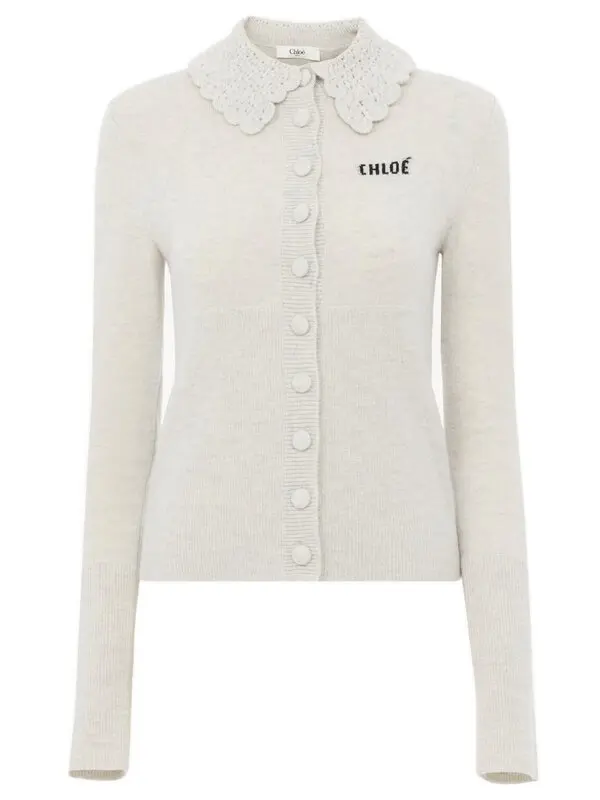 Chloé 100% Wool Guipure Trim Cardigan With Fabric Covered Buttons - Grigio