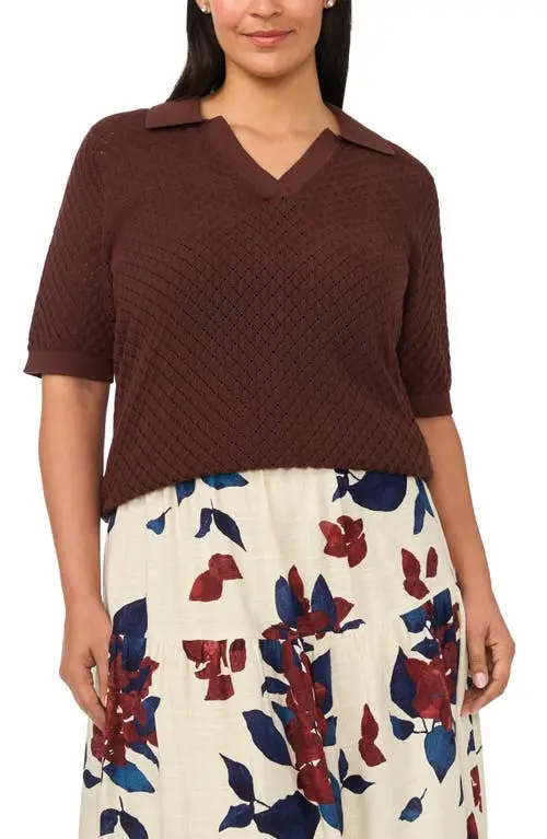 Halogen Pointelle Knit Polo Sweater - Chocolate Fudge