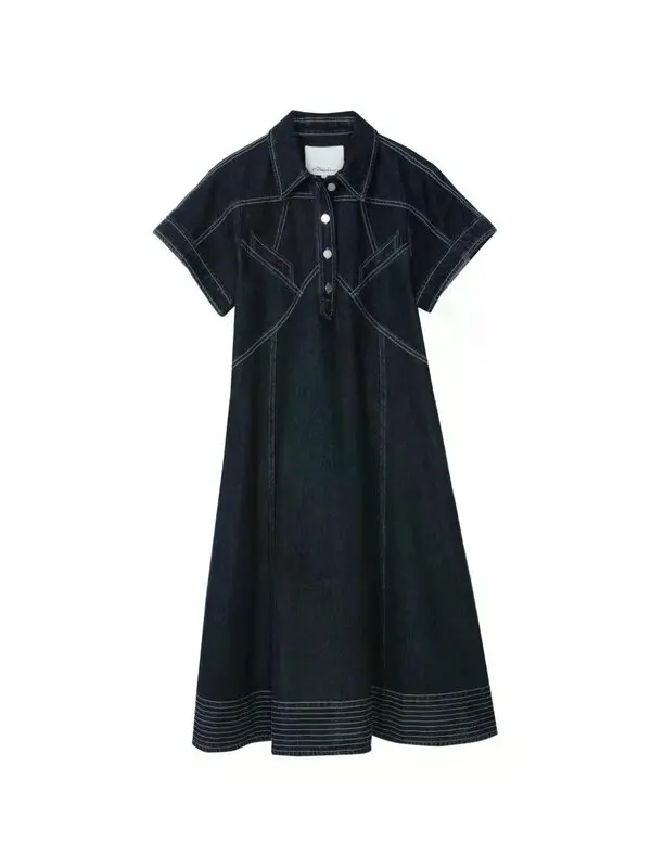 3.1 Phillip Lim Short Sleeve Midi Dress With Contrast Stitching - Blue