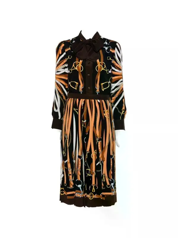 Gucci Belt Print Pleated Midi Dress - Black
