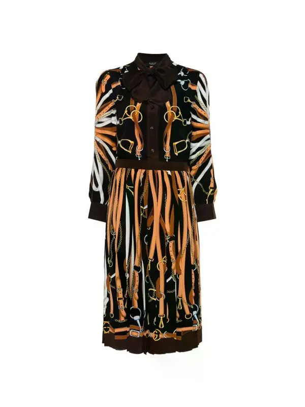 Gucci Belt Print Pleated Midi Dress - Black
