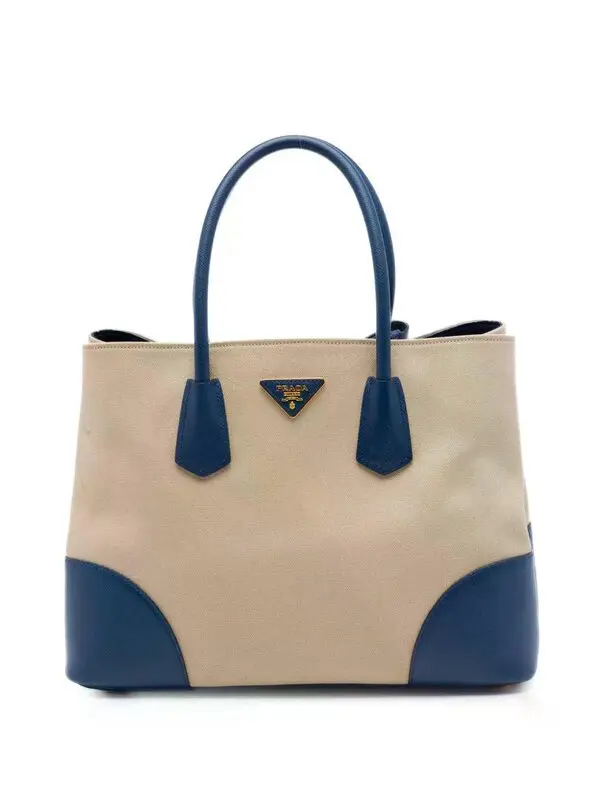 Prada 2010-2026 Large Canapa And Saffiano Double Satchel - Neutrals